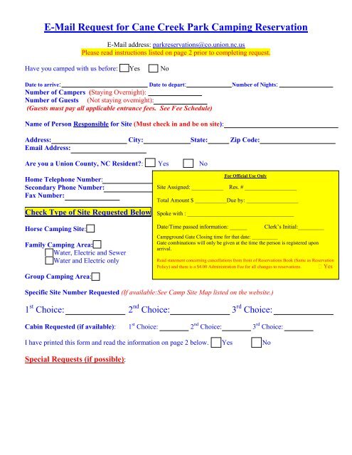 E-Mail Request for Cane Creek Park Camping ... - Union County