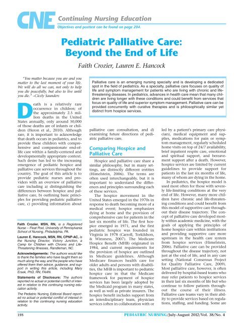 Pediatric Palliative Care: Beyond the End of Life - Pediatric Nursing