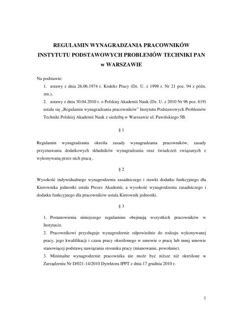 REGULAMIN WYNAGRADZANIA PRACOWNIKÃ W ... - IPPT PAN