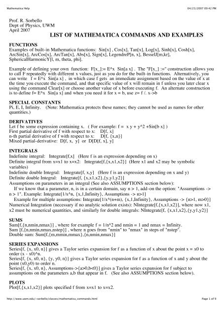 Mathematica Commands (PDF) - Index of