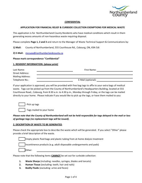 Medical Waste Subsidy Application Form - Northumberland County