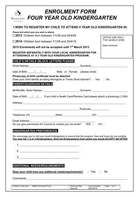enrolment form four year old kindergarten - Banyule City Council