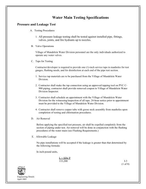 Water Main Testing Specifications - Village of Mundelein