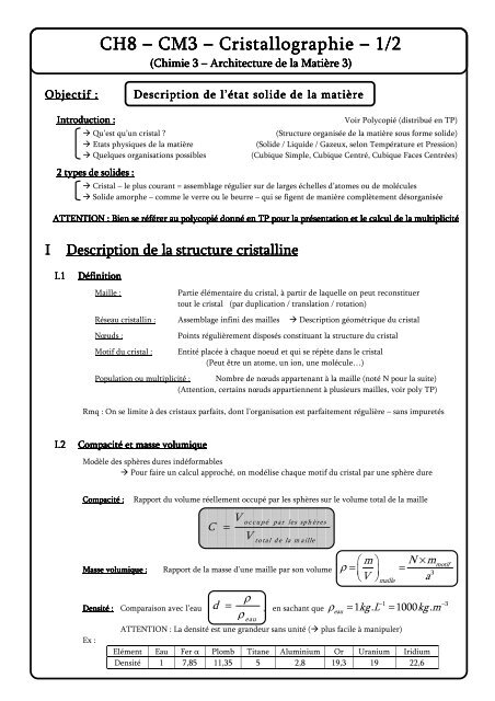CH8 â CM3 â Cristallographie Cristallographie Cristallographie â 1/2