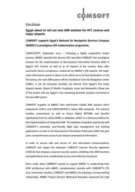 Egypt about to roll out new AIM solution for ATC ... - comsoft.aero