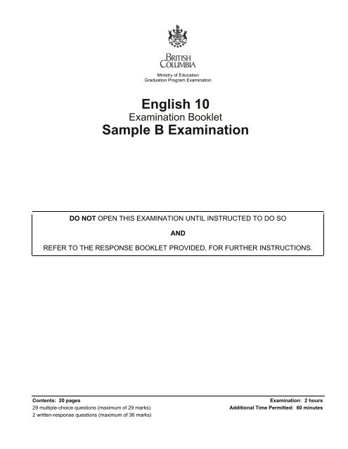 English 10 Sample B Examination - QuestionBank.CA