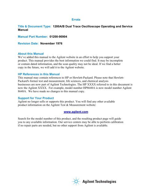 HP 1200A B Dual Trace Oscilloscope Operation and Service Manual