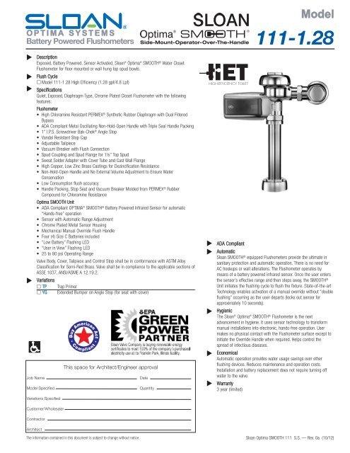Sloan SMOOTH 111-1.28 Specification - Sloan Valve Company