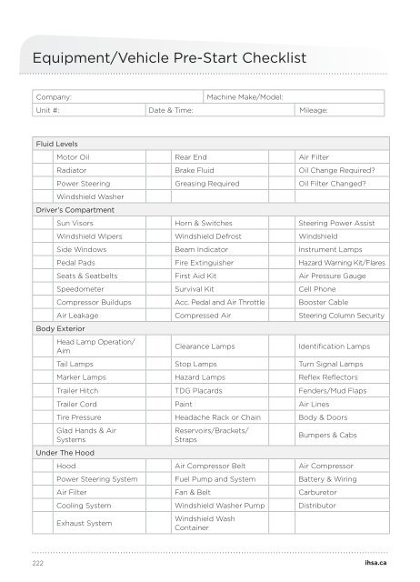 Equipment/Vehicle Pre-Start Checklist