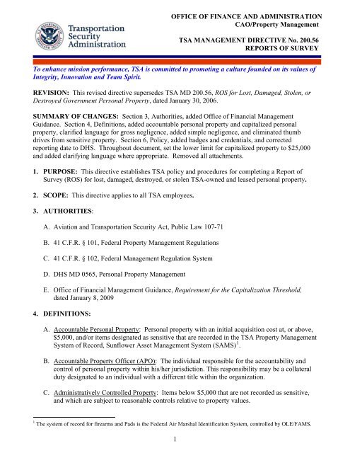 Reports of Survey - Transportation Security Administration