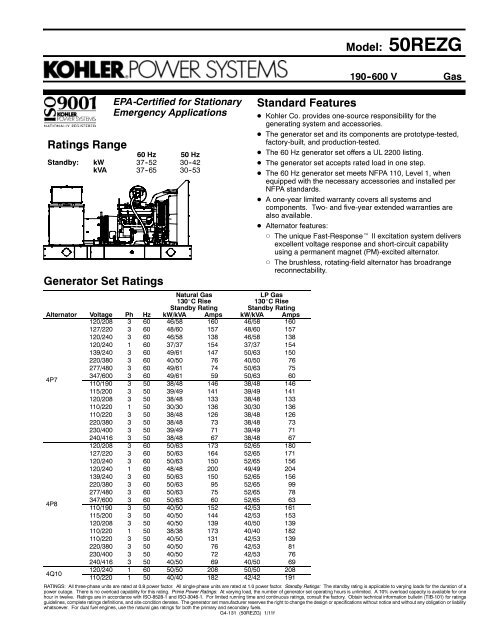 50REZG Generator Set Ratings - Kohler Power