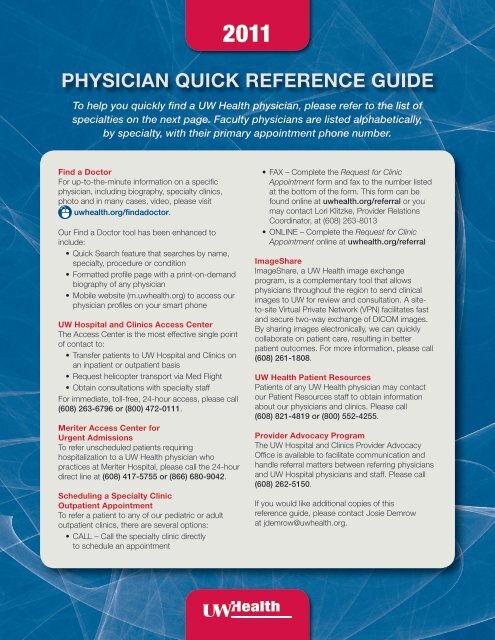 2011 Physician Quick Reference Guide - UW Health