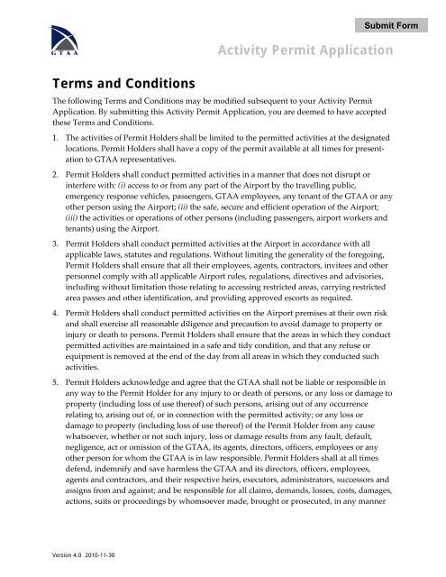 Activity Permit Application - Toronto Pearson International Airport