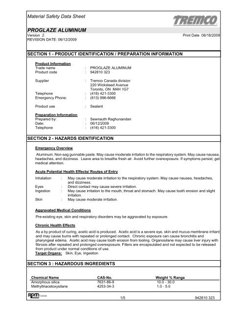 Tremco Proglaze MSDS - Aluminum - Brock White