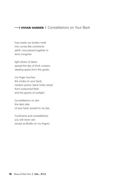 Poetry by Vivian Hansen - Room Magazine
