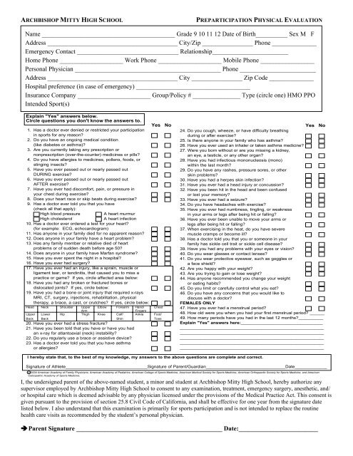 Pre-Participation Physical Form (pdf) - Archbishop Mitty High School