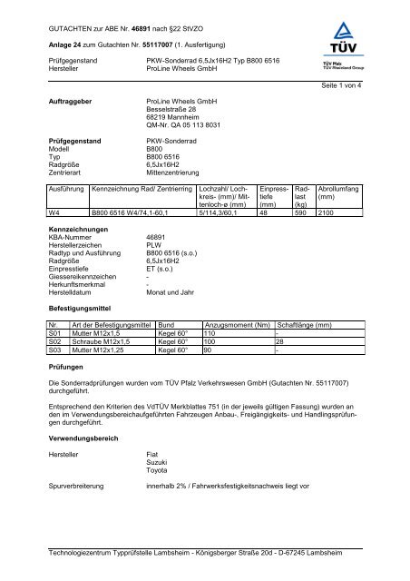 GUTACHTEN zur ABE Nr. 46891 nach Â§22 StVZO Anlage 24 zum ...