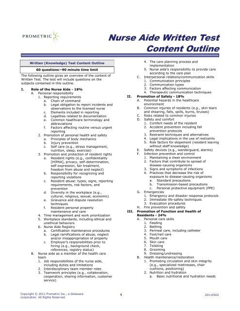 Nurse Aide Written Test Content Outline - Prometric