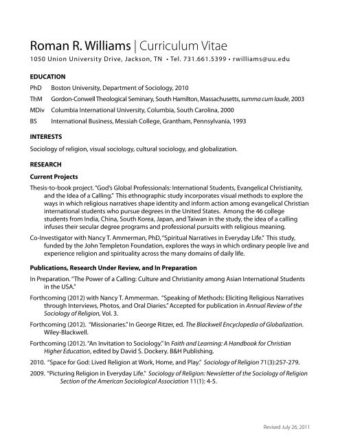 Roman R. Williams | Curriculum Vitae - Union University