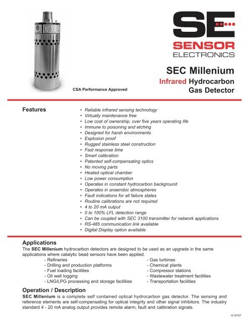 SEC MILLENIUM Infrared Hydrocarbon Gas Detector - Sensor ...