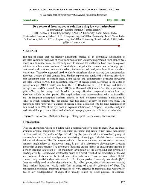 Dye removal from aqueous solution using low cost adsorbent