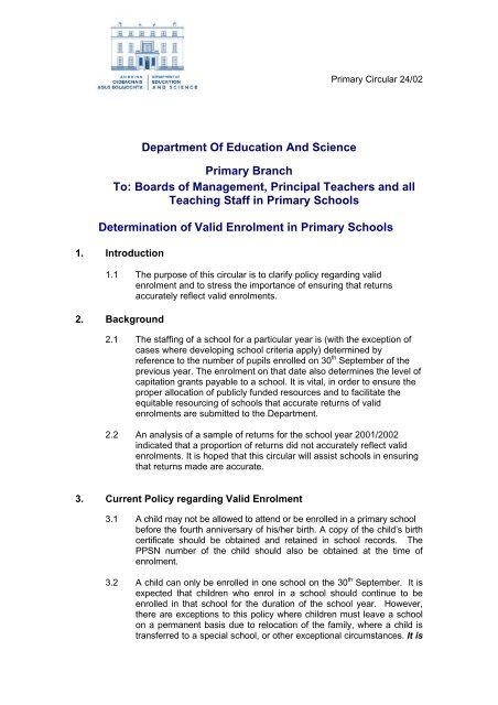 Determination of Valid Enrolment in Primary Schools - Circulars