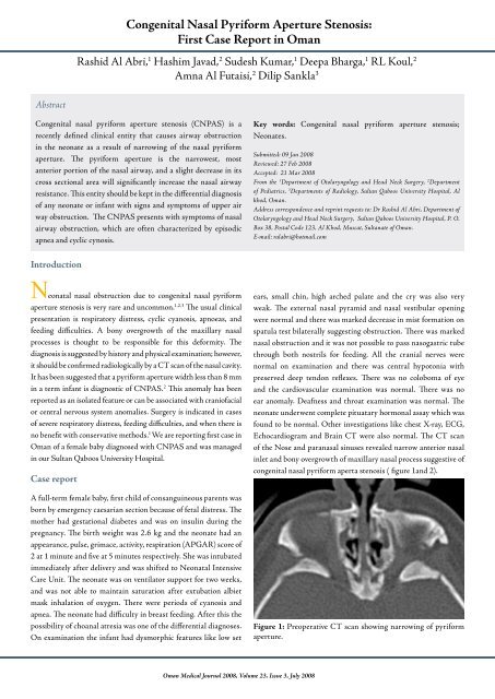 Congenital Nasal Pyriform Aperture Stenosis First Case Report Omj