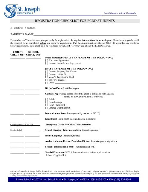 registration checklist for ecdd students - St. Joseph Public Schools