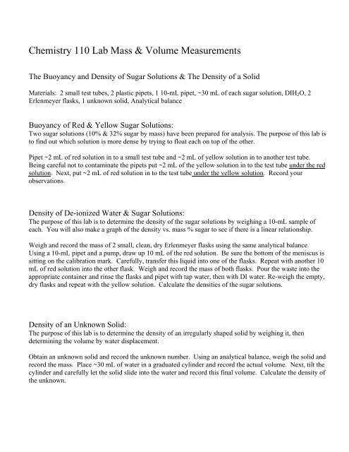 Chemistry 110 Lab Mass & Volume Measurements