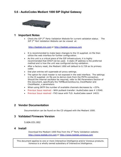 AudioCodes Mediant 1000 SIP Digital Gateway 1 - Testlab ...