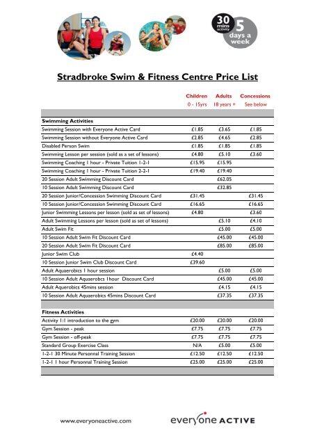 Stradbroke Swimming Pool Price List - Everyone Active