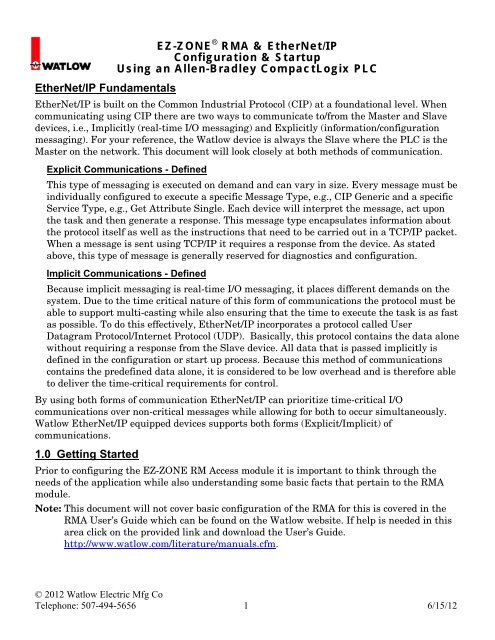 EZ-ZONEÃ‚Â® RMA & EtherNet/IP Configuration & Startup ... - Watlow