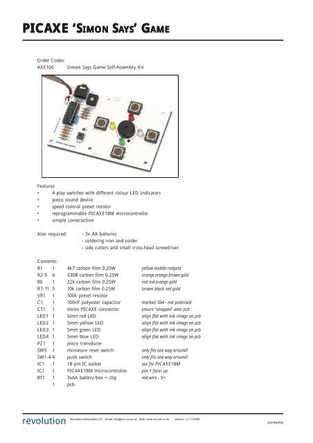 PICAXE 'SIMONS AYS' GAME