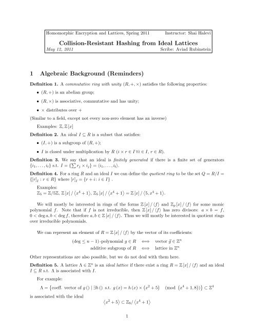 Collision-Resistant Hashing from Ideal Lattices 1 Algebraic - MIT