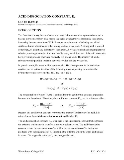 ACID DISSOCIATION CONSTANT, Ka - Westminster College