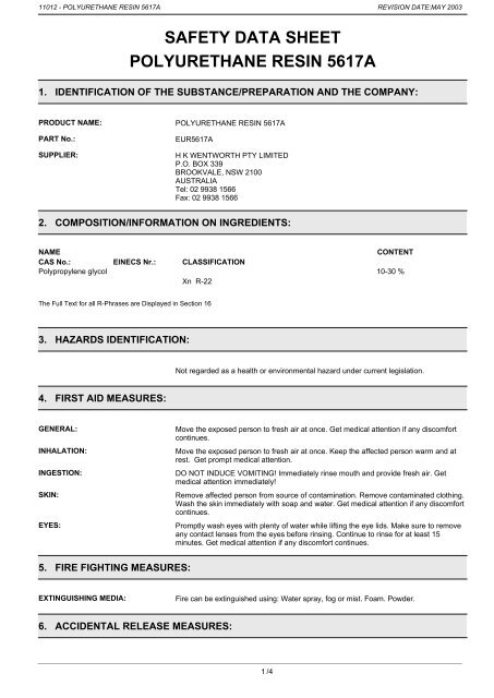 safety data sheet polyurethane resin 5617a - WES Components