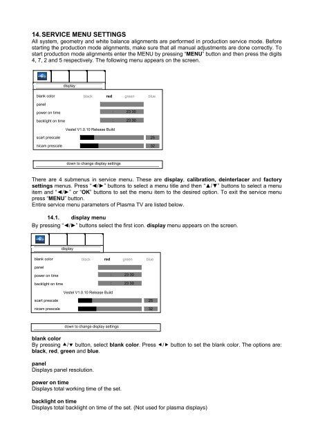 14. SERVICE MENU SETTINGS
