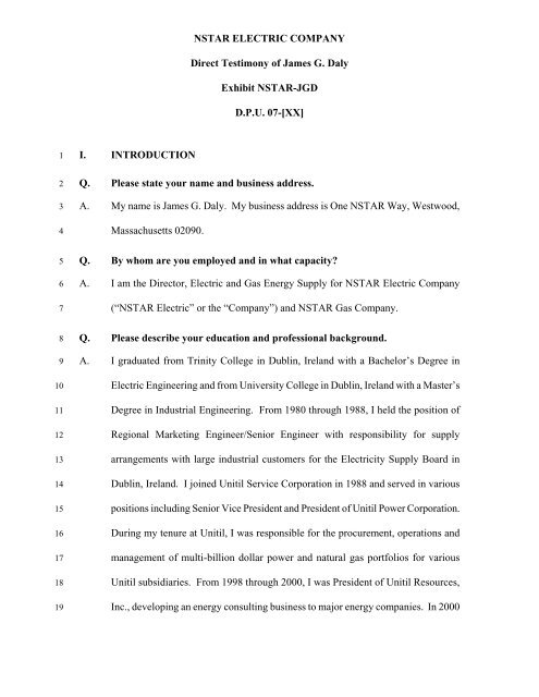 NSTAR ELECTRIC COMPANY Direct Testimony of James G. Daly ...