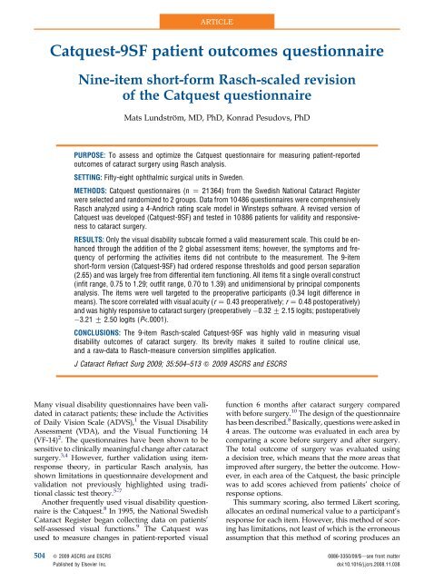 Catquest-9SF patient outcomes questionnaire - Pesudovs