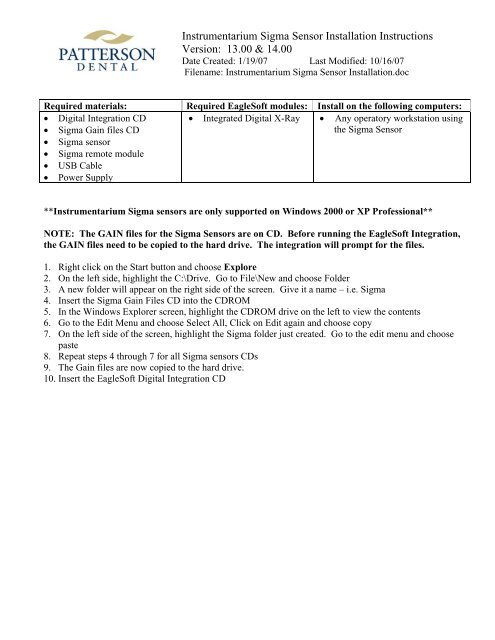 Instrumentarium Sigma Sensor Installation - V13-14