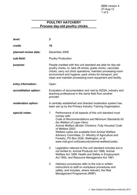 POULTRY HATCHERY Process day-old poultry chicks - NZQA