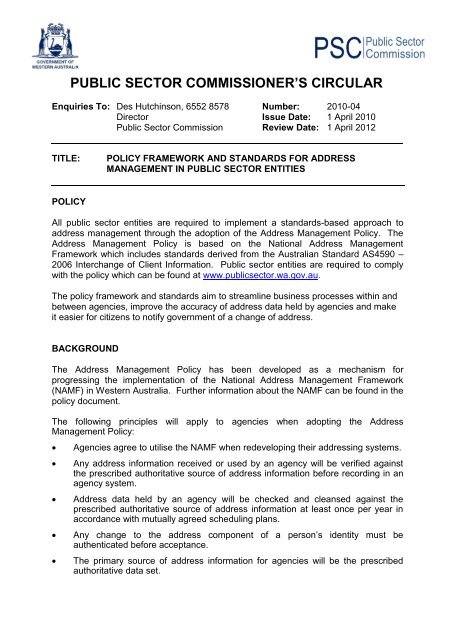 Public Sector Commissioner's Circular: 2010-04 Policy Framework ...