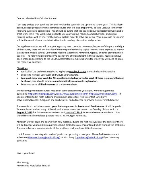Accelerated CCGPS Pre-Calculus - Wheeler Magnet School