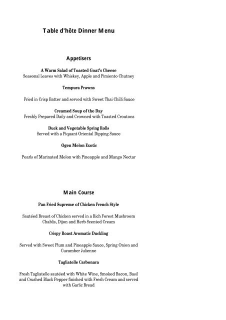 Table d'hÃ´te Dinner Menu - Slieve Russell Hotel