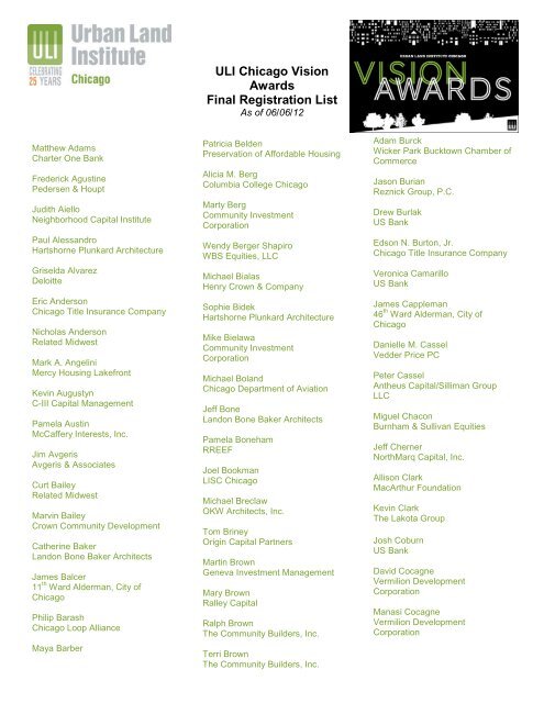 ULI Chicago Vision Awards Final Registration List