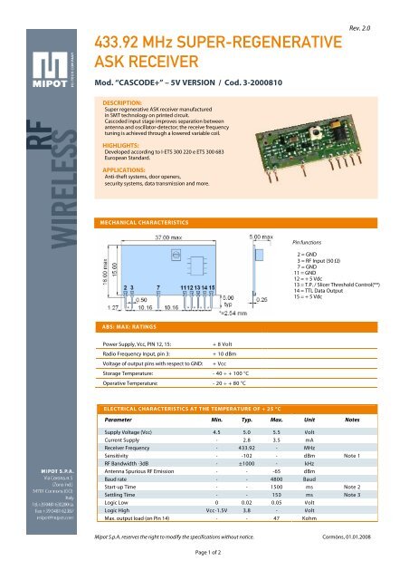 433.92 MHz SUPER-REGENERATIVE ASK RECEIVER - Mipot