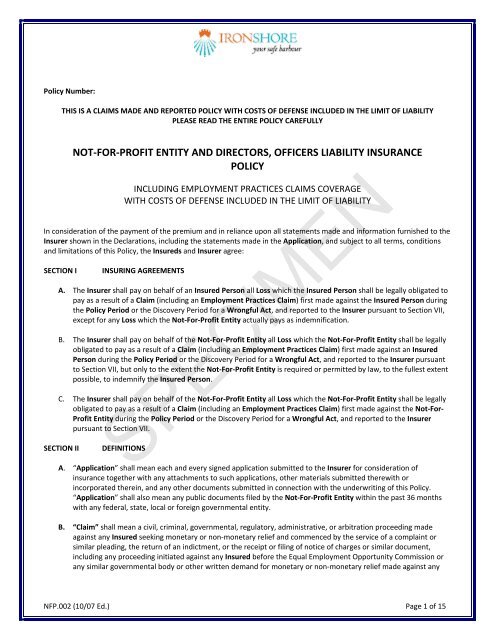 Not For Profit Policy Form - Ironshore