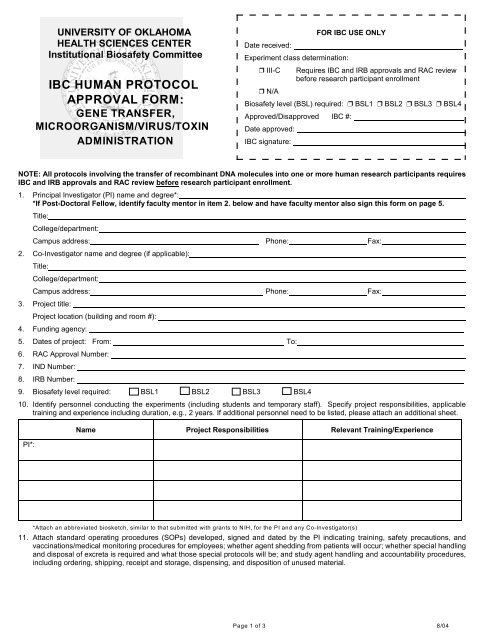 ibc human protocol approval form - University of Oklahoma Health ...