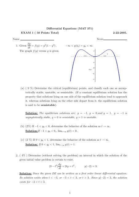 Differential Equations (MAT 371) EXAM 1 ( 50 Points Total) 2-22 ...