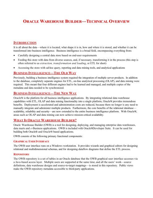 ORACLE WAREHOUSE BUILDER —TECHNICAL OVERVIEW